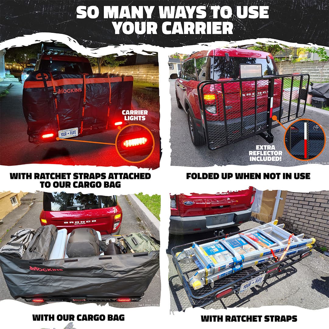 Heavy-Duty Hitch Carrier w/ Rear Lights & XL Cargo Bag – Mockins