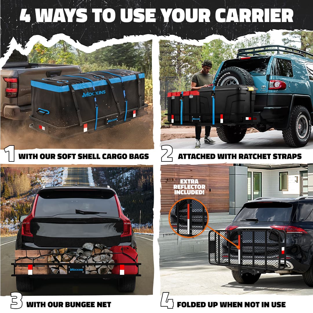 60"x20"x6" Hitch Carrier & 16 Cu Ft Cargo Bag + Packing Cubes – Mockins