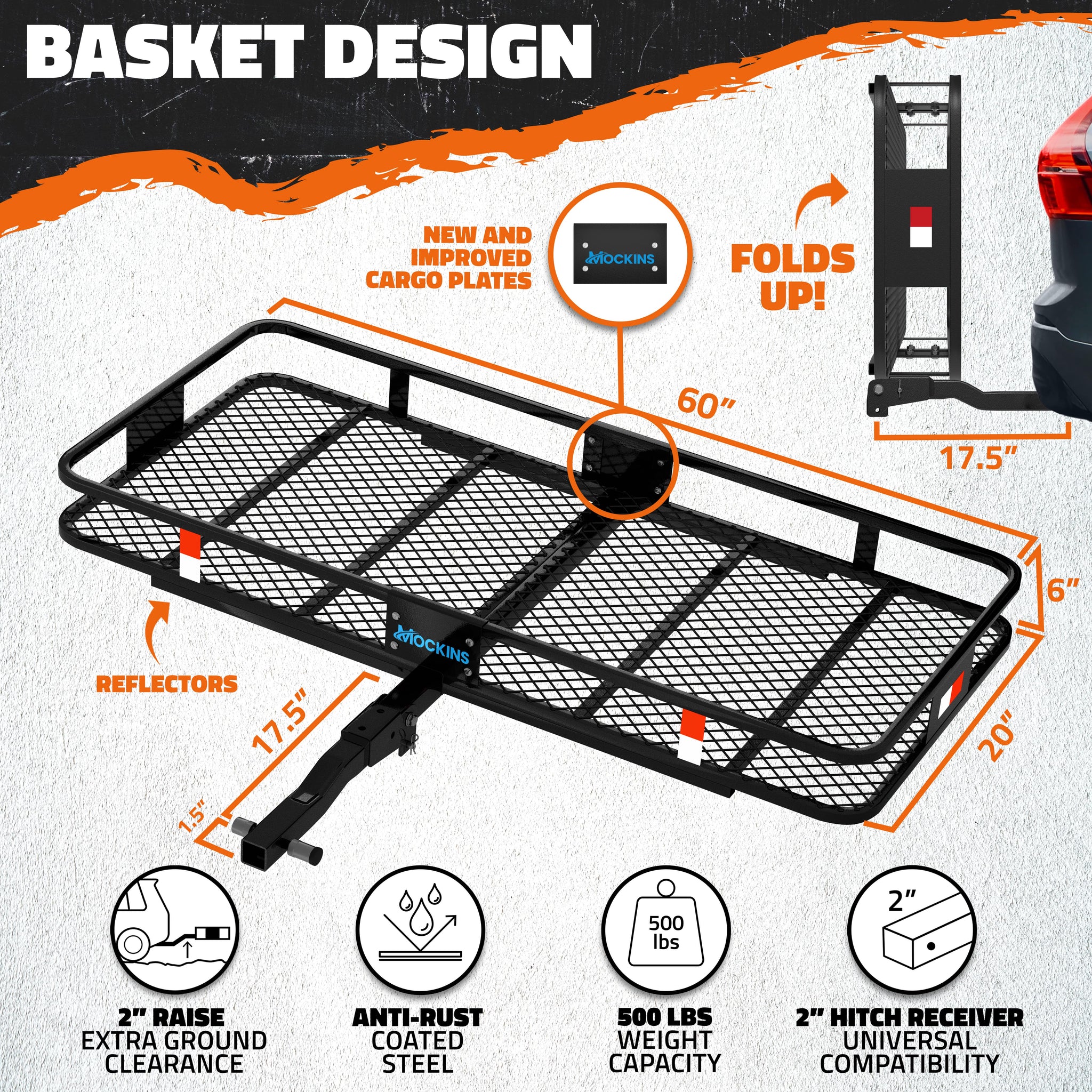 60"x20"x6" Car Cargo Carrier Hitch Mount | 500 lbs Cap. Folding Hitch ...